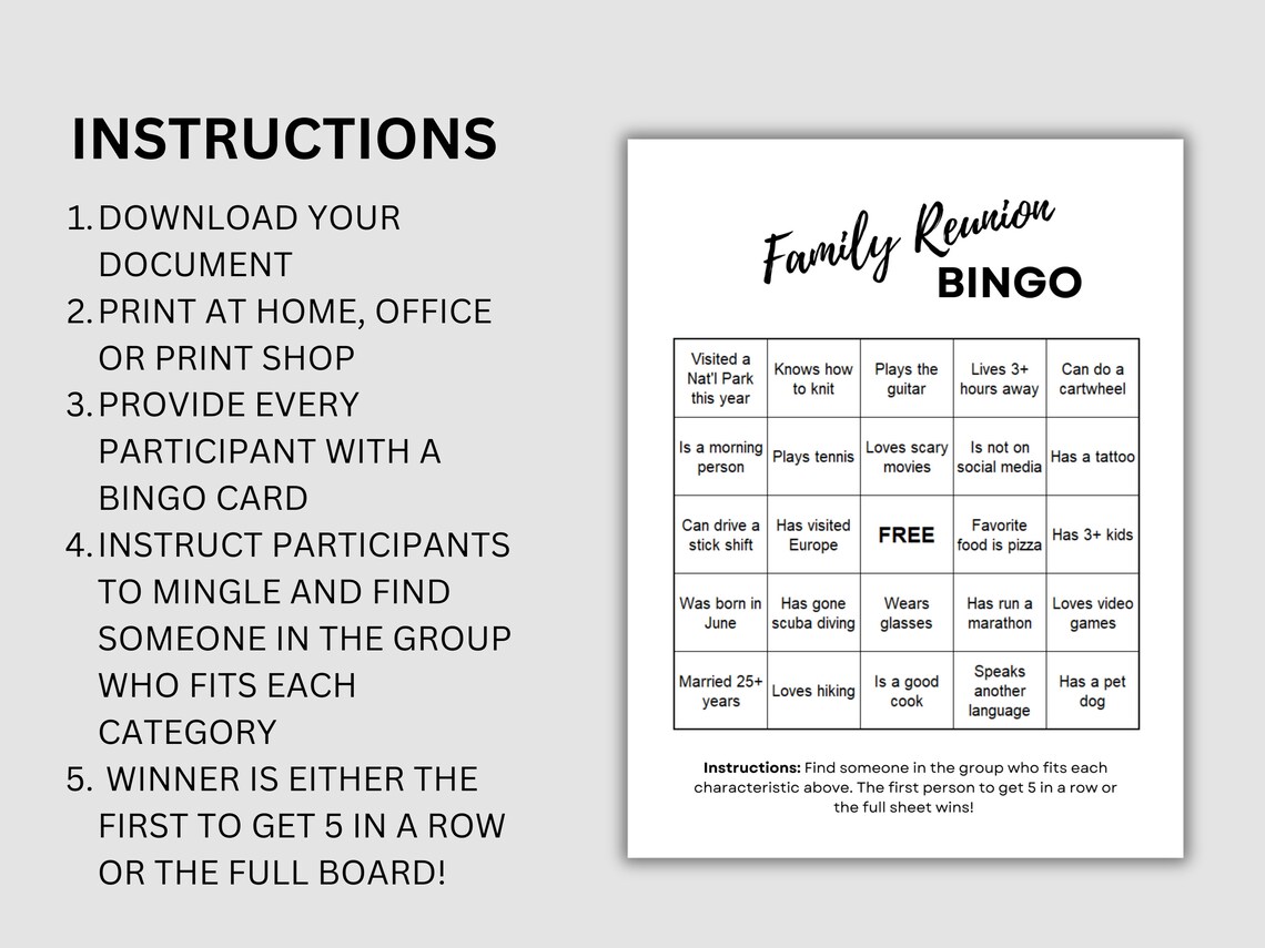 Family Reunion Bingo, Printable Family Reunion Games, Icebreaker Game ...