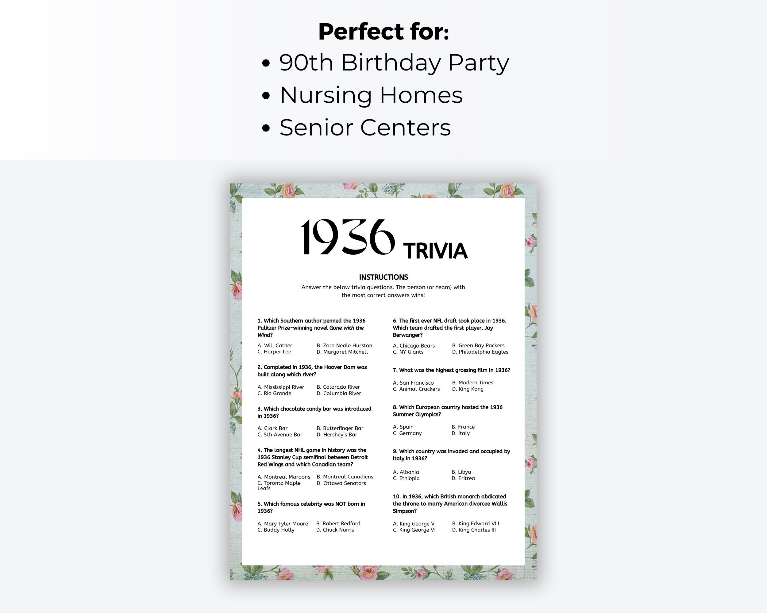 1936 Trivia Game, 90th Birthday Trivia, 1936 Birthday, Born in 1936 ...