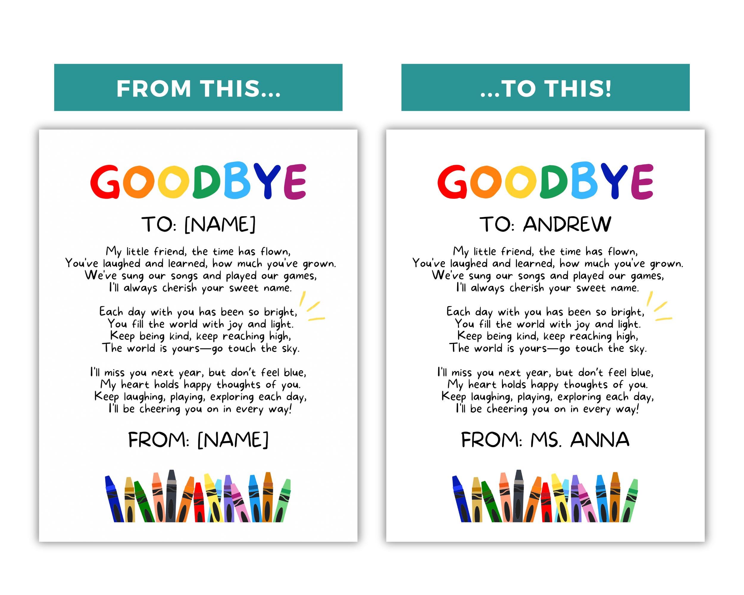 End of Year Poem From Preschool Teacher, Printable Goodbye Letter for ...