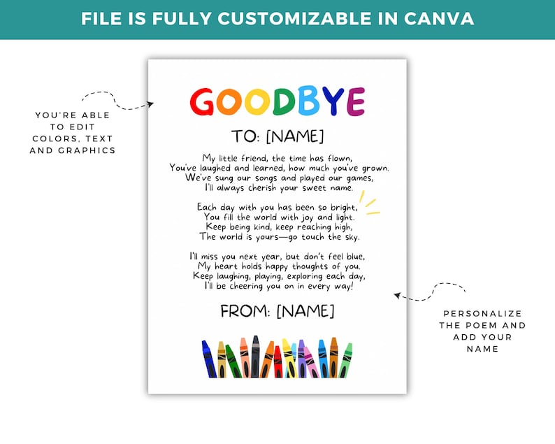 End of Year Poem From Preschool Teacher, Printable Goodbye Letter for ...