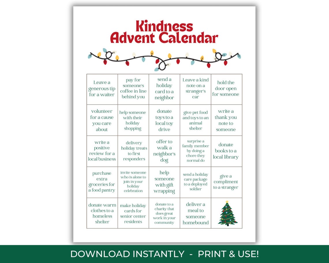 Kindness Advent Calendar, Christmas Acts of Kindness, Printable Holiday ...