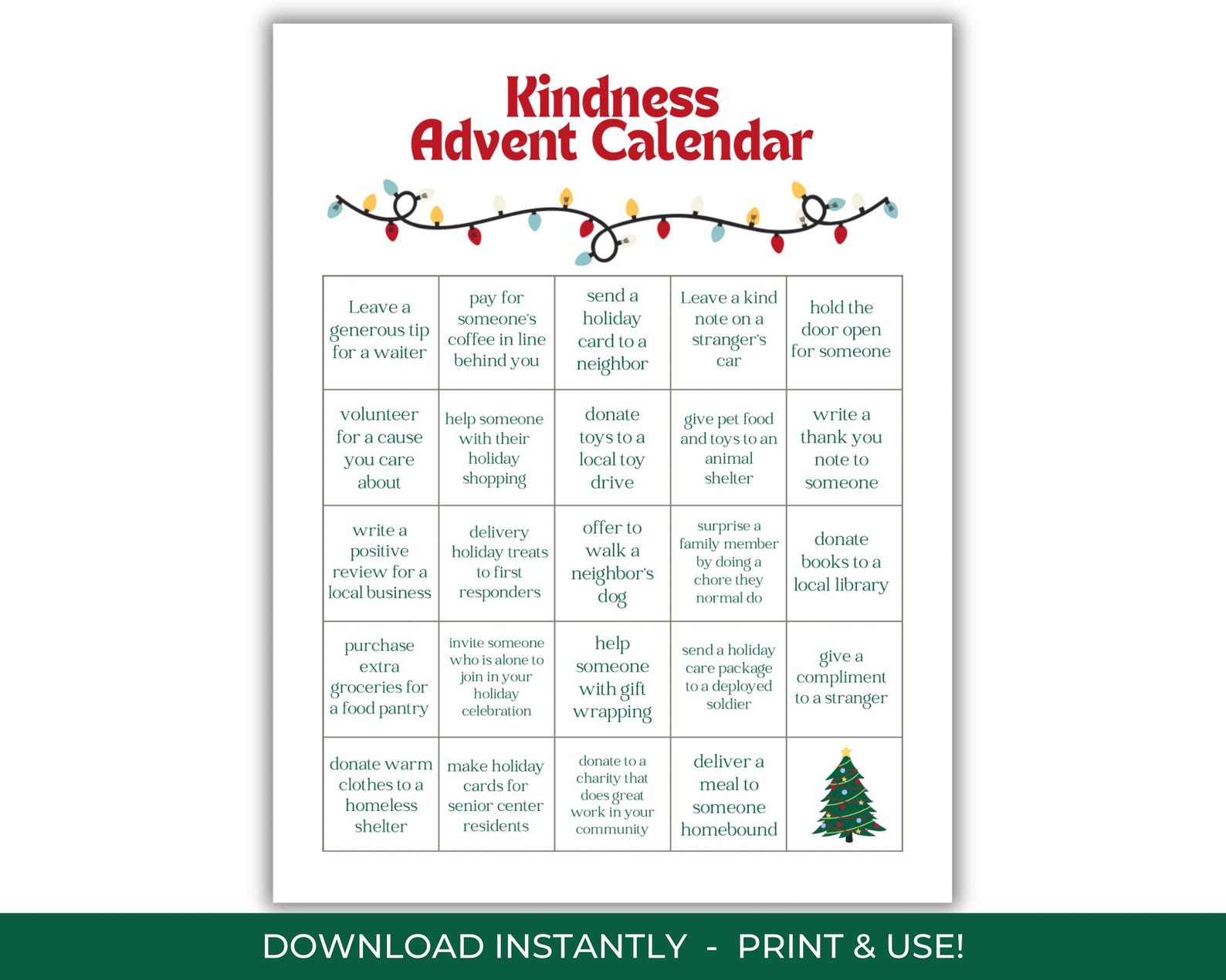 Kindness Advent Calendar, Christmas Acts of Kindness, Printable Holiday ...