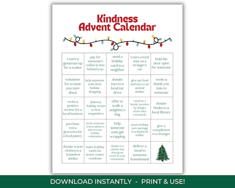 Kindness Advent Calendar, Christmas Acts of Kindness, Printable Holiday ...