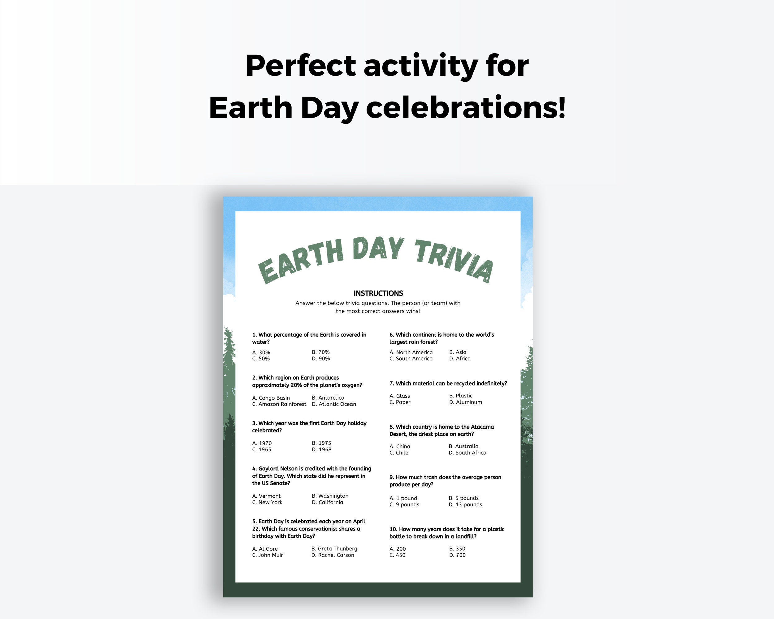 Earth Day Trivia Game, Printable Earth Day Activity for Groups ...