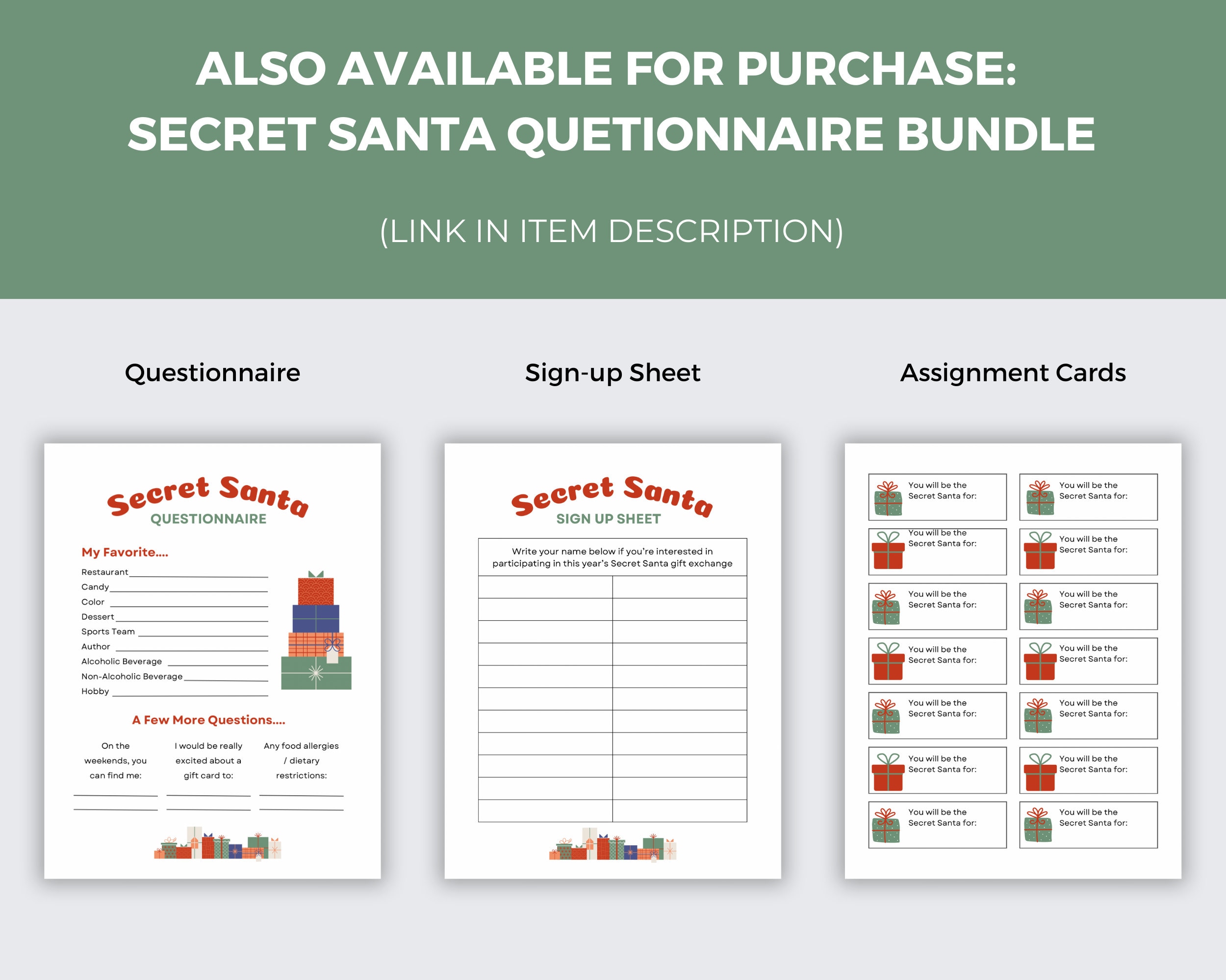 Secret Santa Questionnaire for Coworkers, Printable Secret Santa Form ...