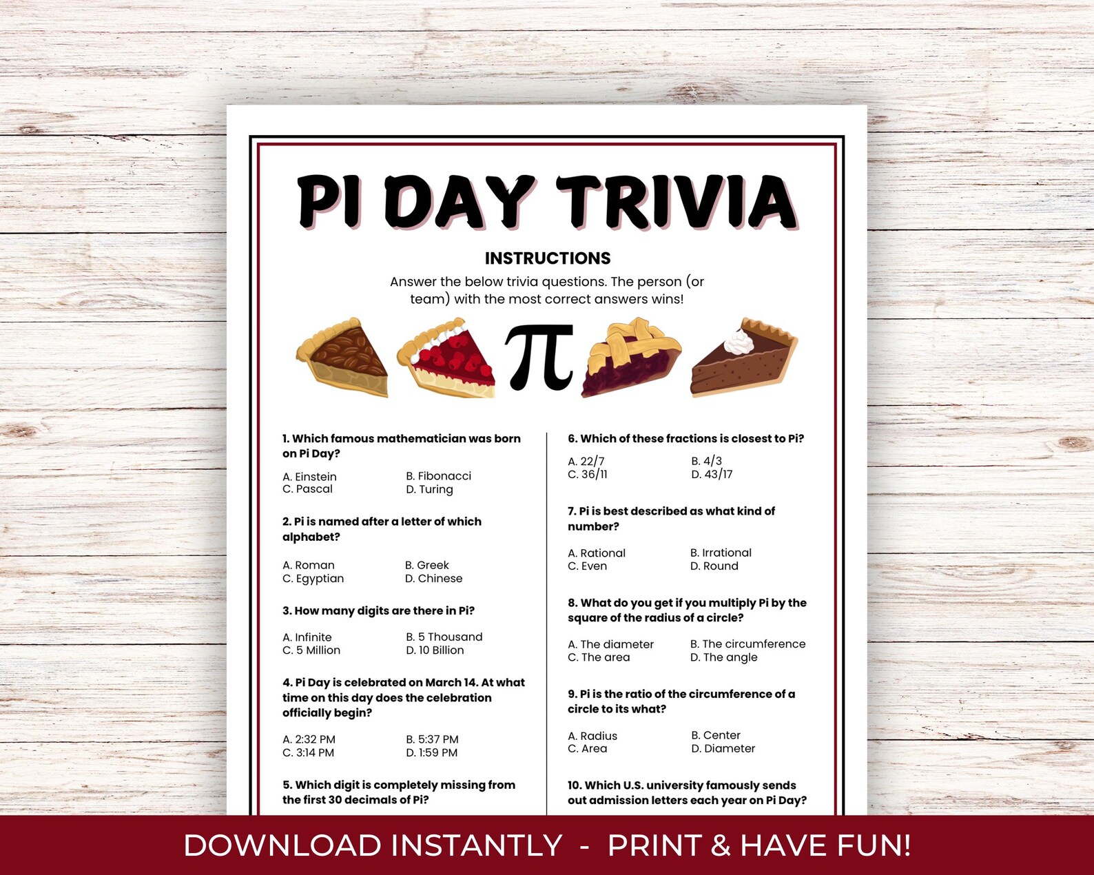 Pi Day Trivia Game: Fun Classroom Activity (digital Download) - Etsy