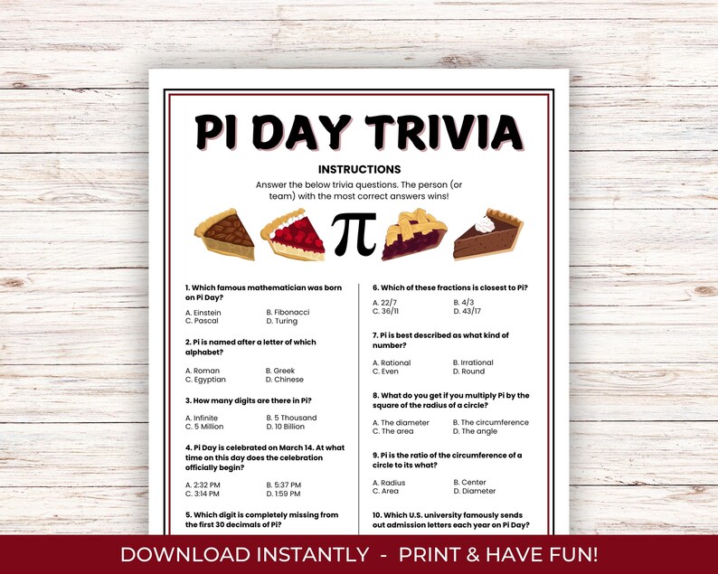 Pi Day Trivia Game: Fun Classroom Activity (digital Download) - Etsy