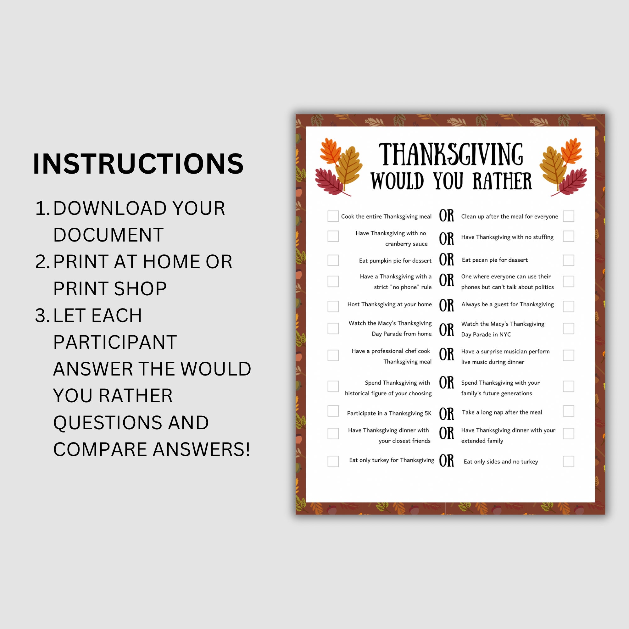 Thanksgiving Would You Rather Game, Thanksgiving Games, Thanksgiving ...