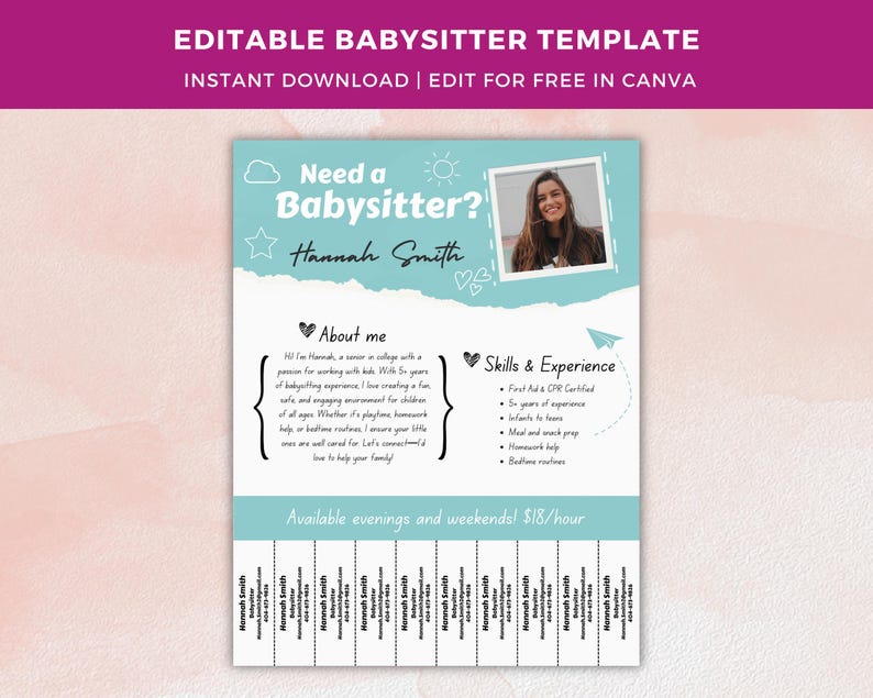 Editable Babysitter Flyer Template: Customizable Childcare Ad (digital ...