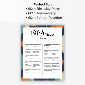 60th Birthday Trivia, 1964 Trivia Game, Born in 1964, 60th Birthday ...