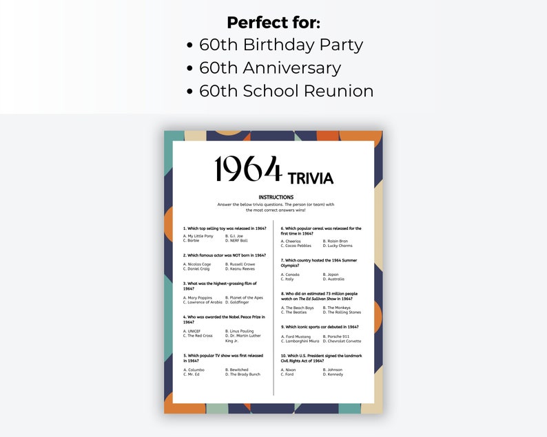 60th Birthday Trivia, 1964 Trivia Game, Born in 1964, 60th Birthday ...
