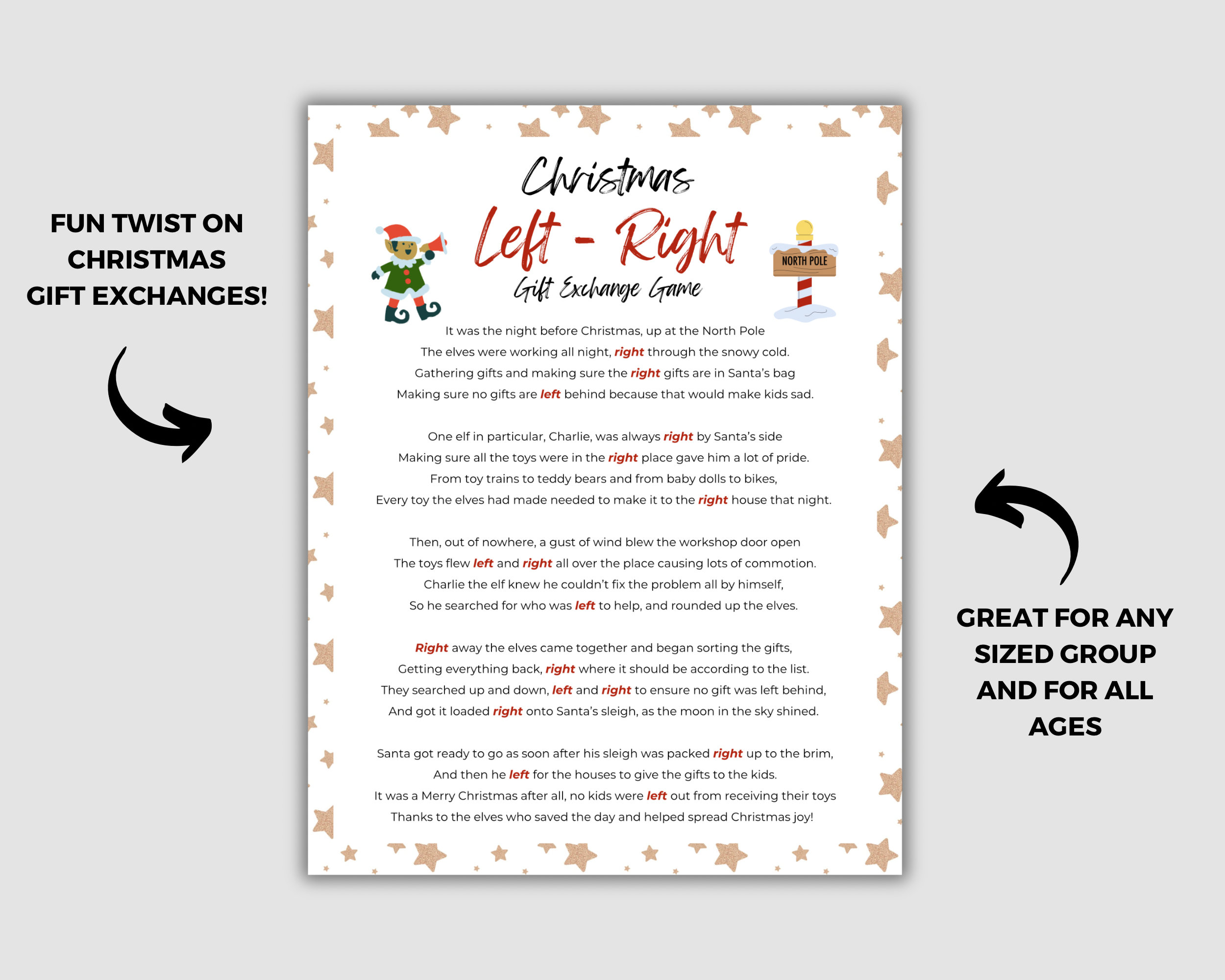 Left Right Christmas Game With Elf Poem, Gift Exchange Game, White ...