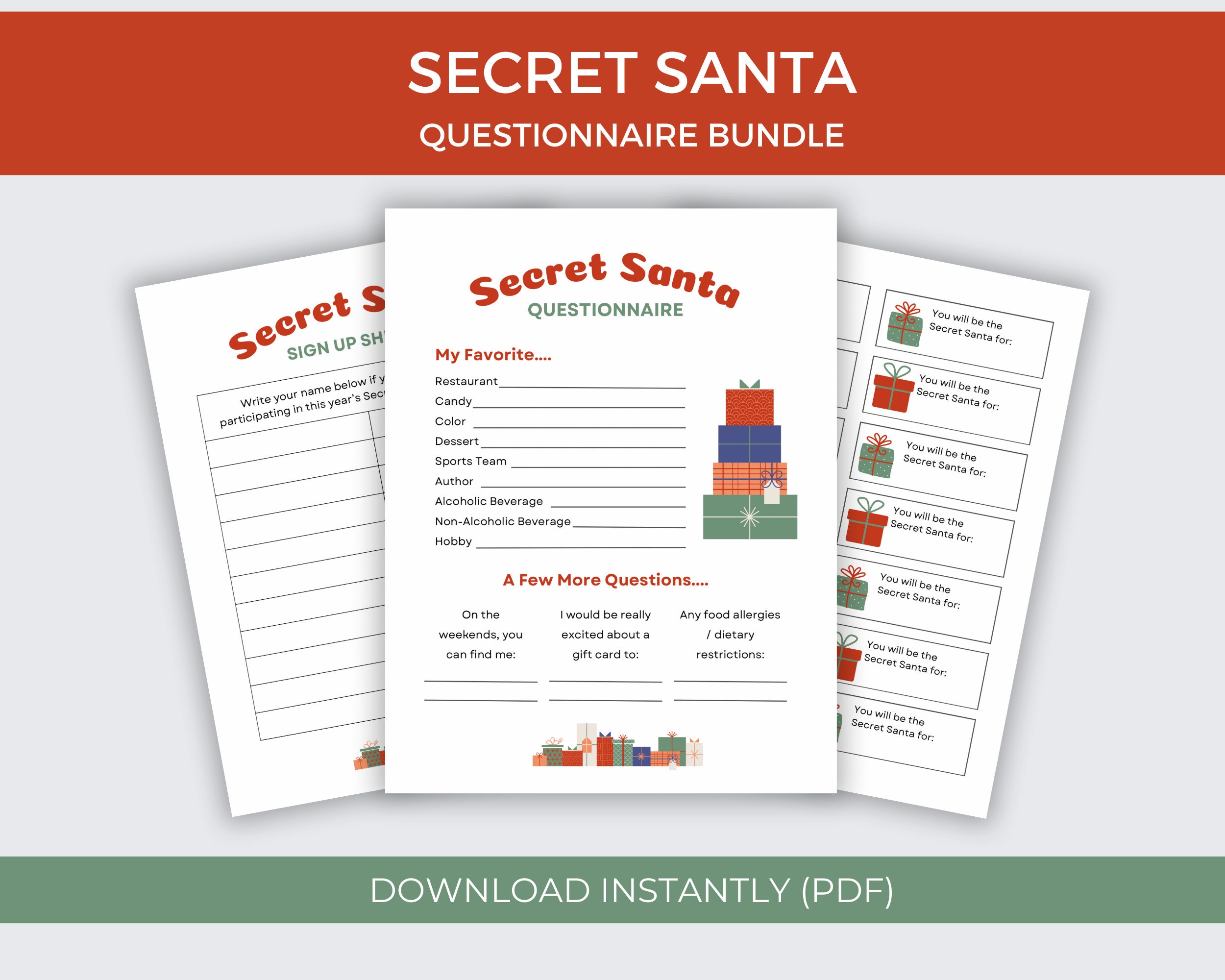 Secret Santa Questionnaire for Coworkers Bundle, Printable Secret Santa ...