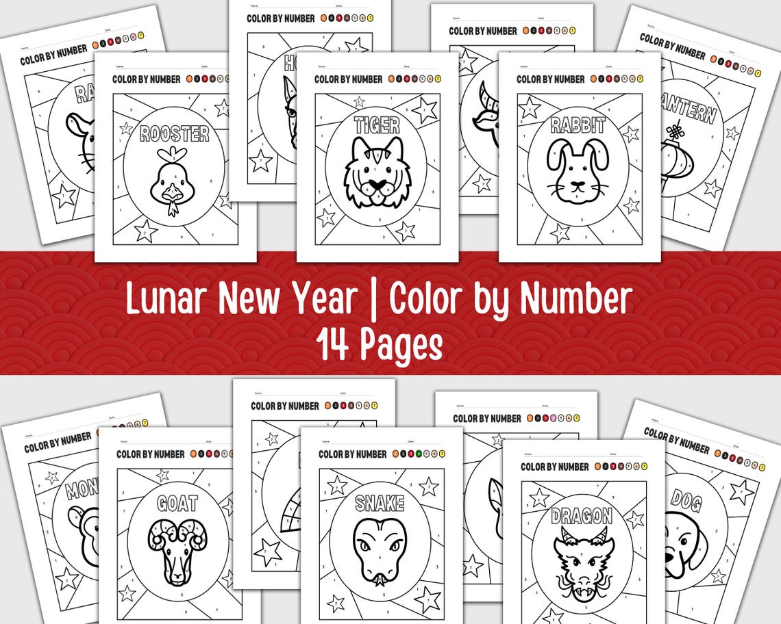 Lunar New Year Color by Number for Kids, Easy Chinese New Year Coloring ...