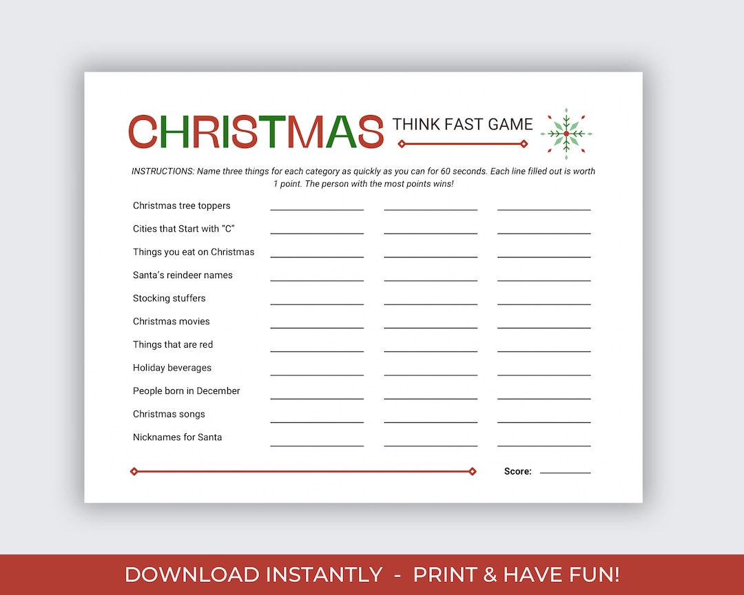 Christmas Think Fast Game, Christmas Party Games, Think Fast Game ...
