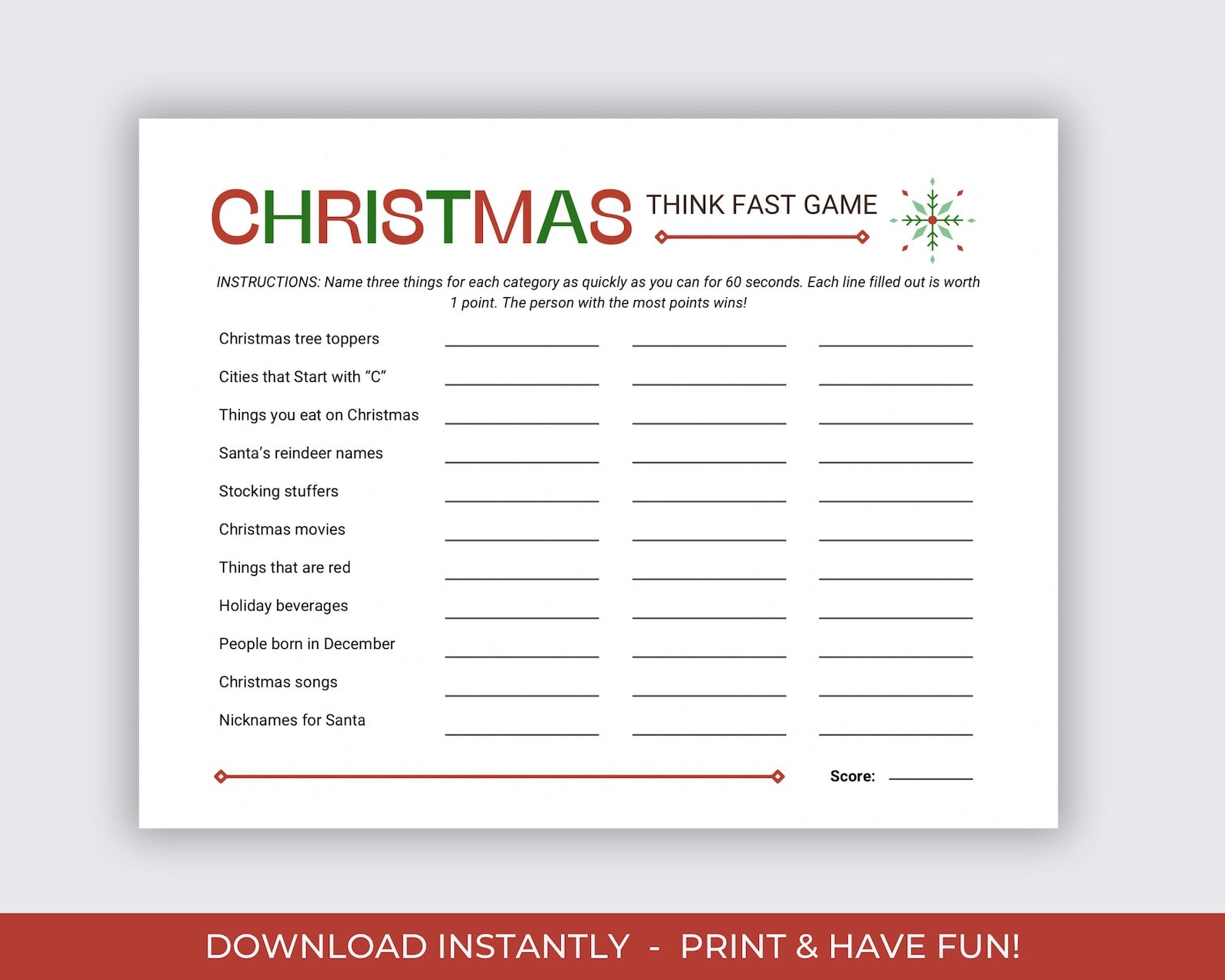 Christmas Think Fast Game, Christmas Party Games, Think Fast Game ...