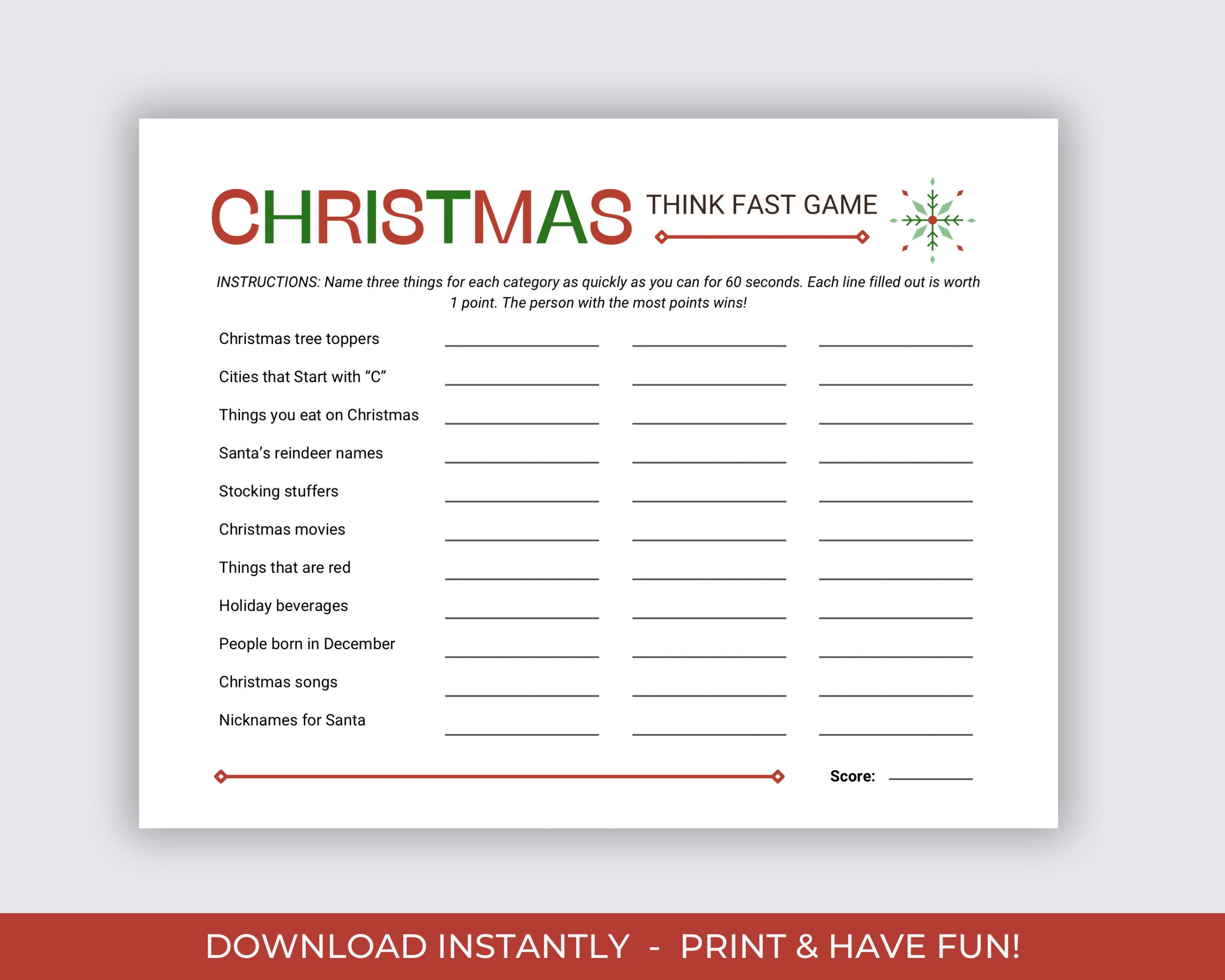 Christmas Think Fast Game, Christmas Party Games, Think Fast Game ...