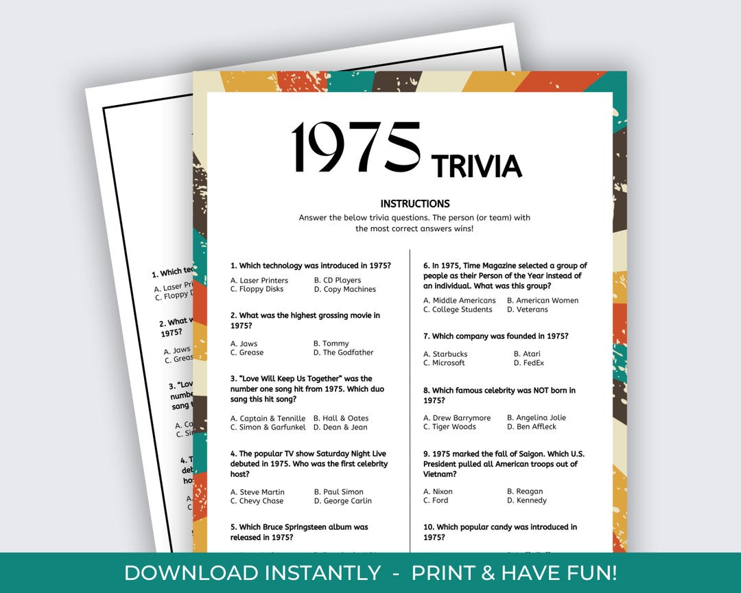 1975 Trivia Game, Born in 1975, 50th Birthday Game, 50th Anniversary ...