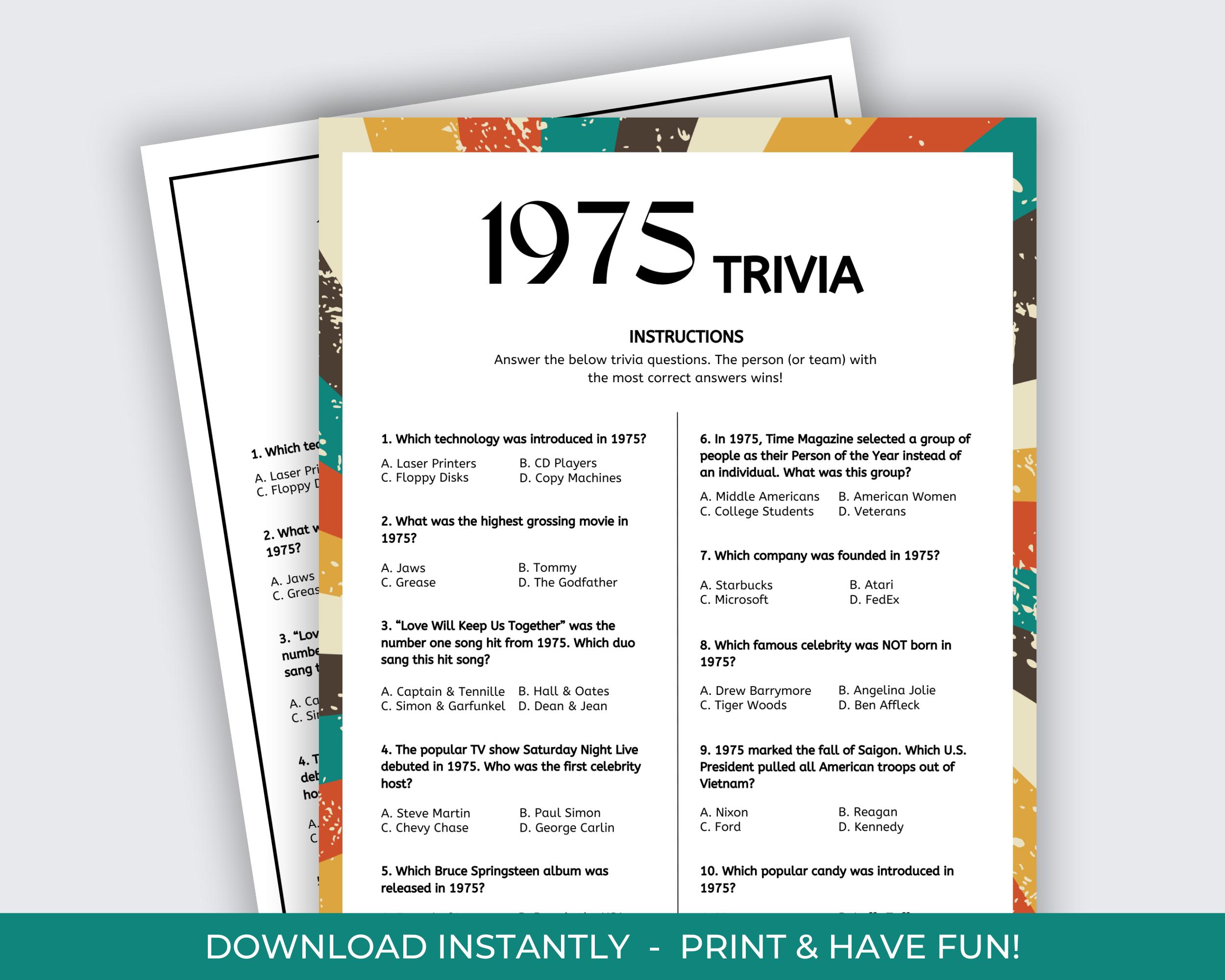 1975 Trivia Game, Born in 1975, 50th Birthday Game, 50th Anniversary ...