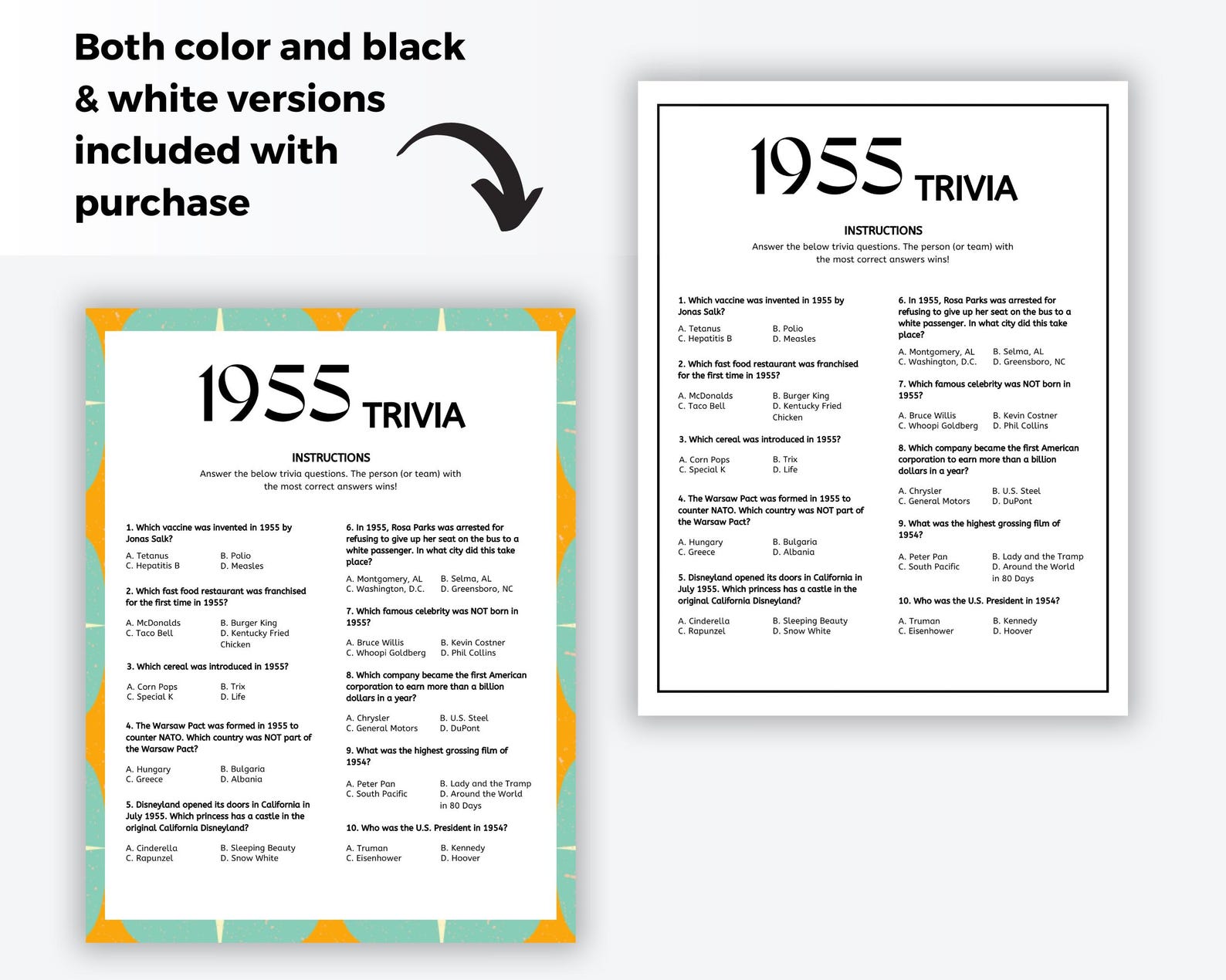1955 Trivia Game, 70th Birthday Trivia, 1955 Birthday, Born in 1955 ...