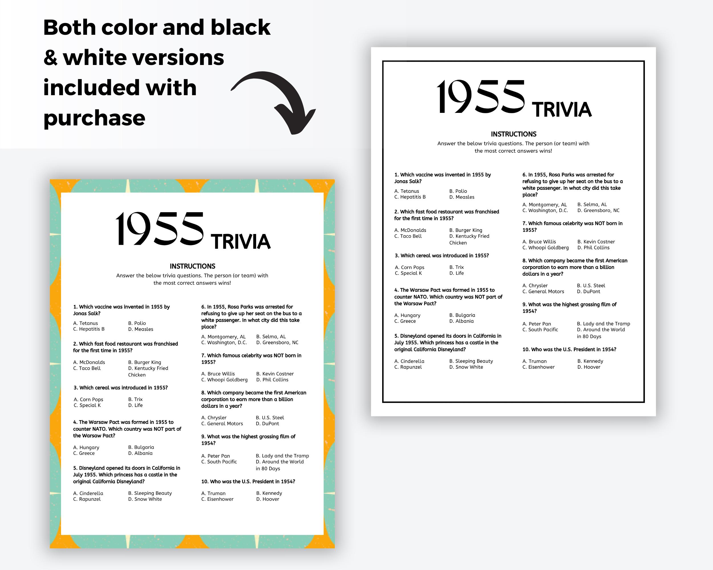 1955 Trivia Game, 70th Birthday Trivia, 1955 Birthday, Born in 1955 ...