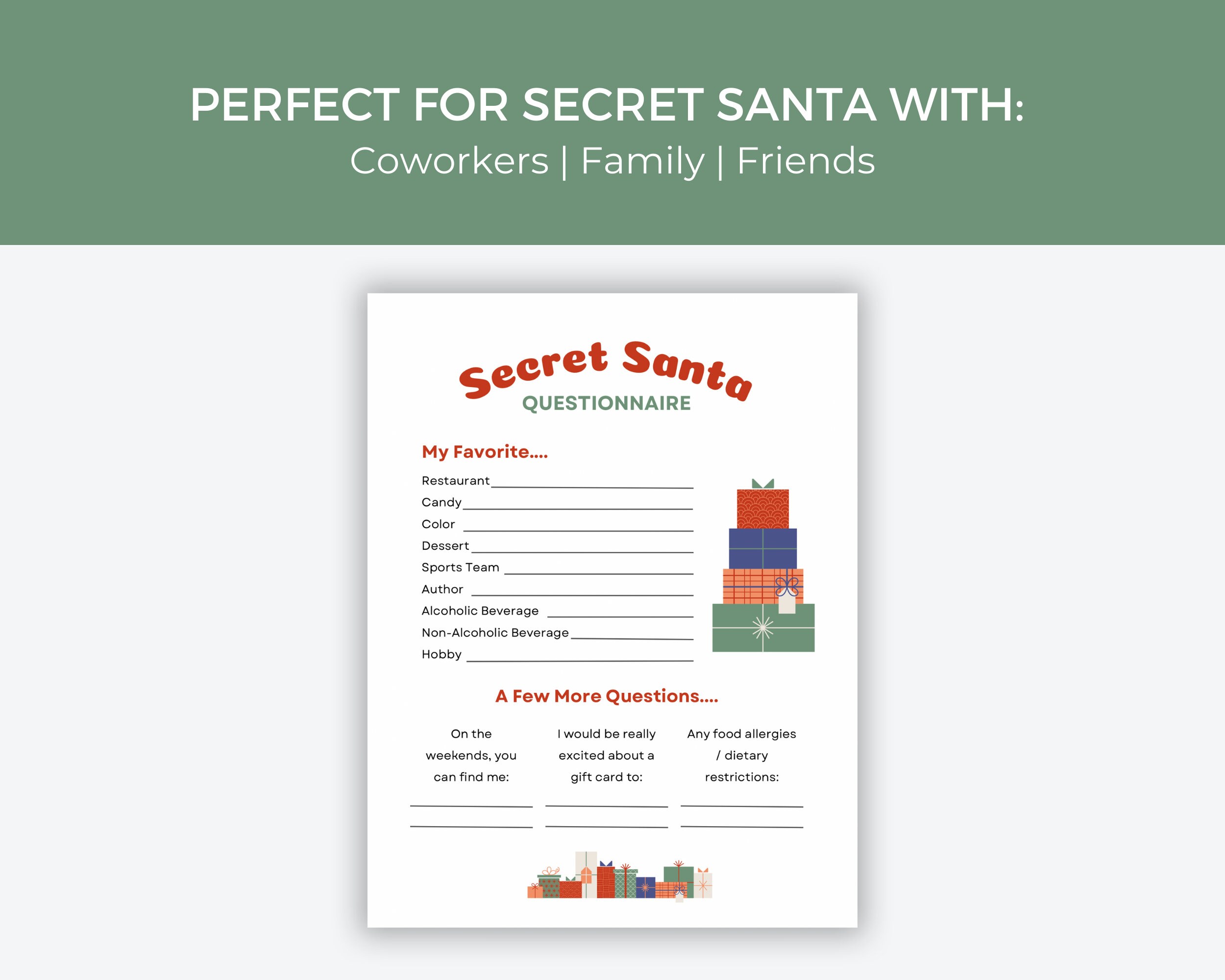 Secret Santa Questionnaire for Coworkers Bundle, Printable Secret Santa ...