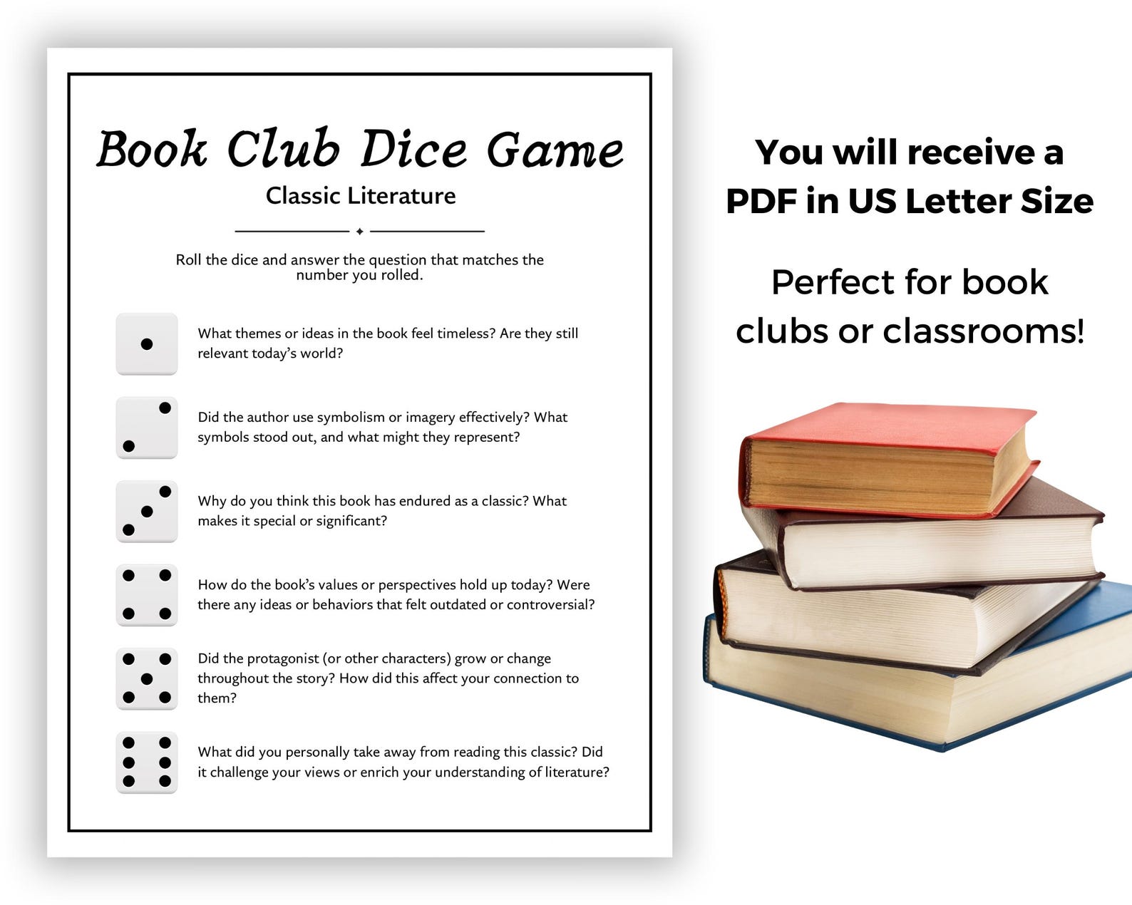 Book Club Dice Game for Classic Literature Books, Printable Book Club ...