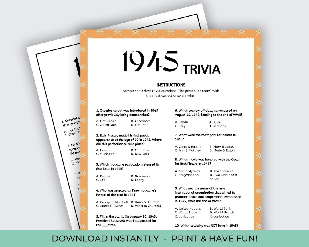 1945 Trivia Game, 80th Birthday Trivia, 1945 Birthday, Born in 1945 ...
