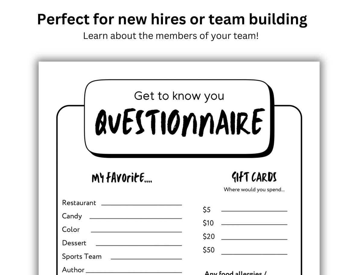 Team Building Questionnaire Printable: Employee Favorites List (PDF) - Etsy
