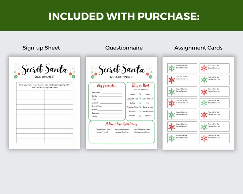 Secret Santa Questionnaire for Coworkers, Family and Friends Bundle ...