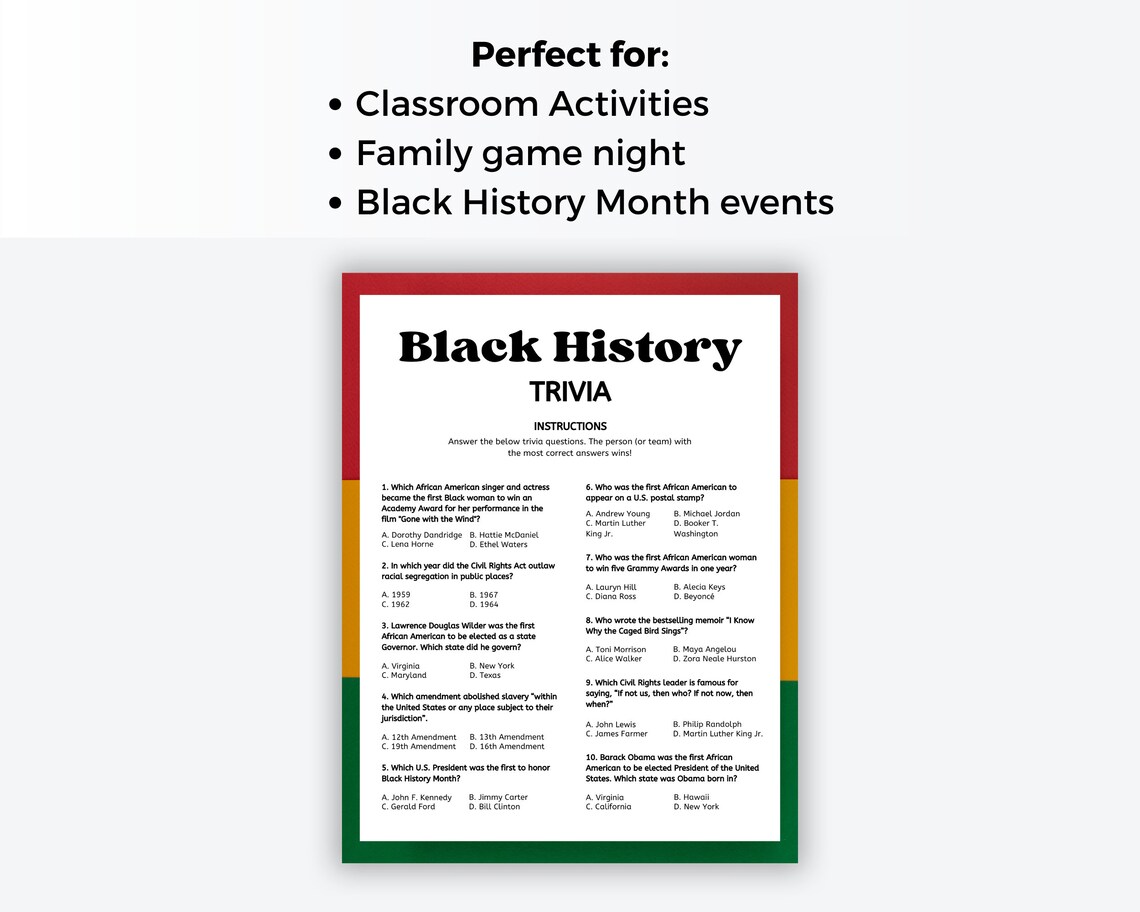Black History Trivia Game, Printable Black History Month Activity for ...
