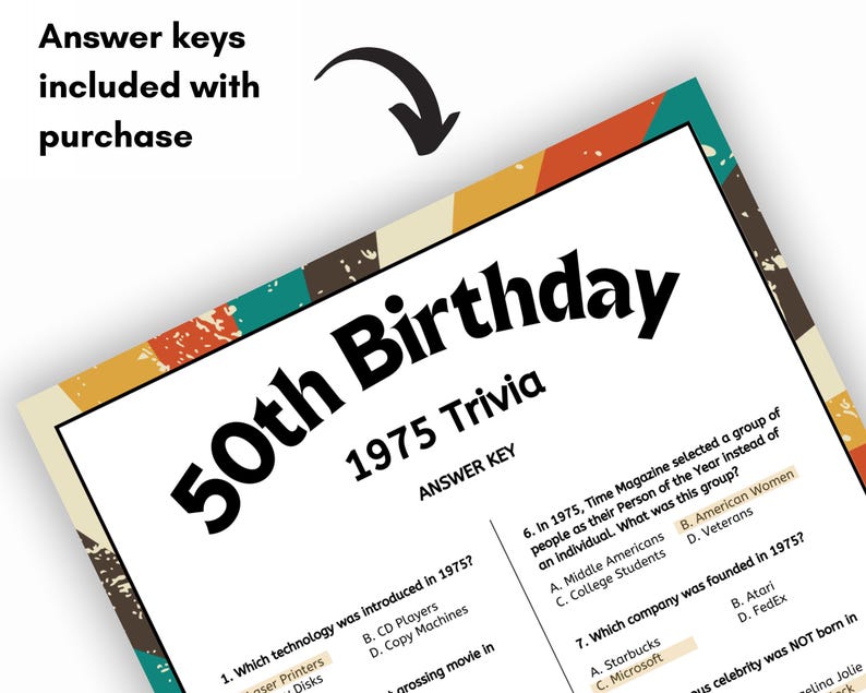Born in 1975 Game Bundle for 50th Birthday, Born in 1975, 1975 Trivia ...