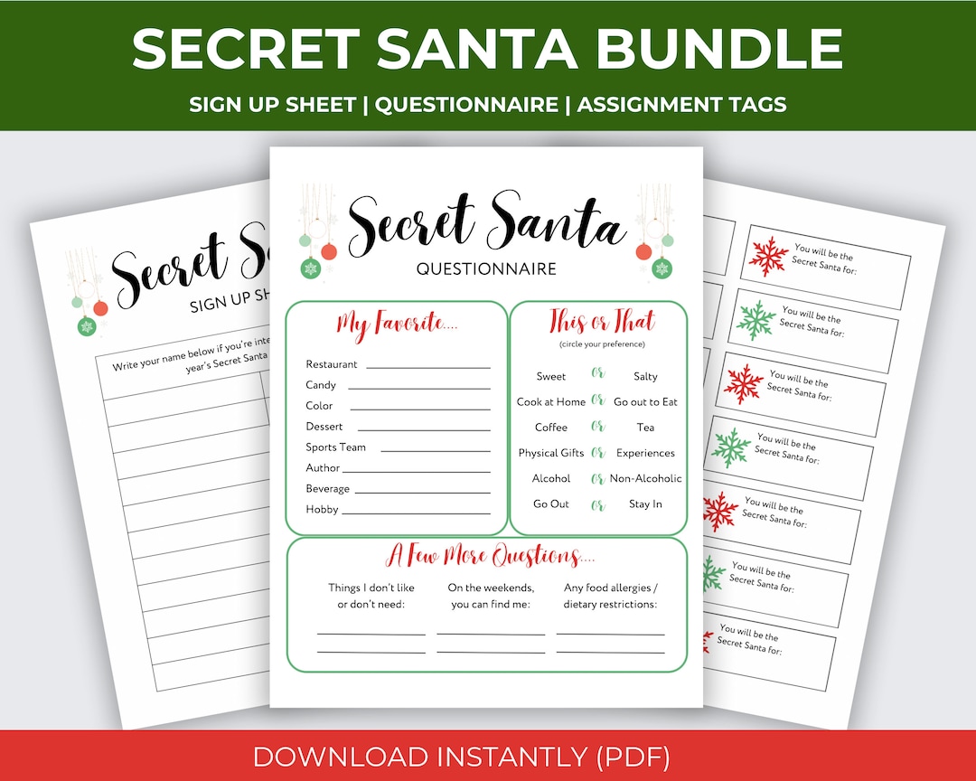 Secret Santa Questionnaire for Coworkers, Family and Friends Bundle ...