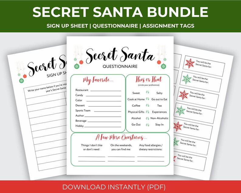 Secret Santa Questionnaire for Coworkers, Family and Friends Bundle ...