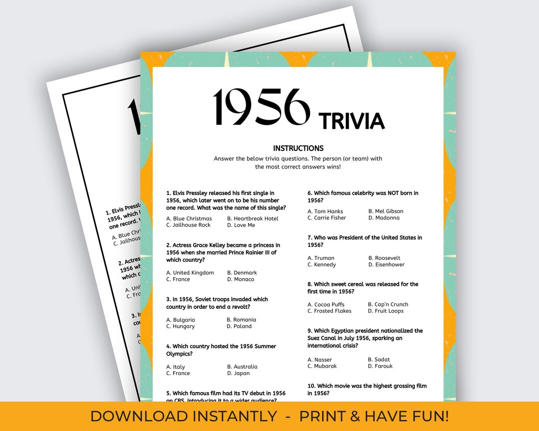 1956 Trivia Game, 70th Birthday Trivia, 1956 Birthday, Born in 1956 ...