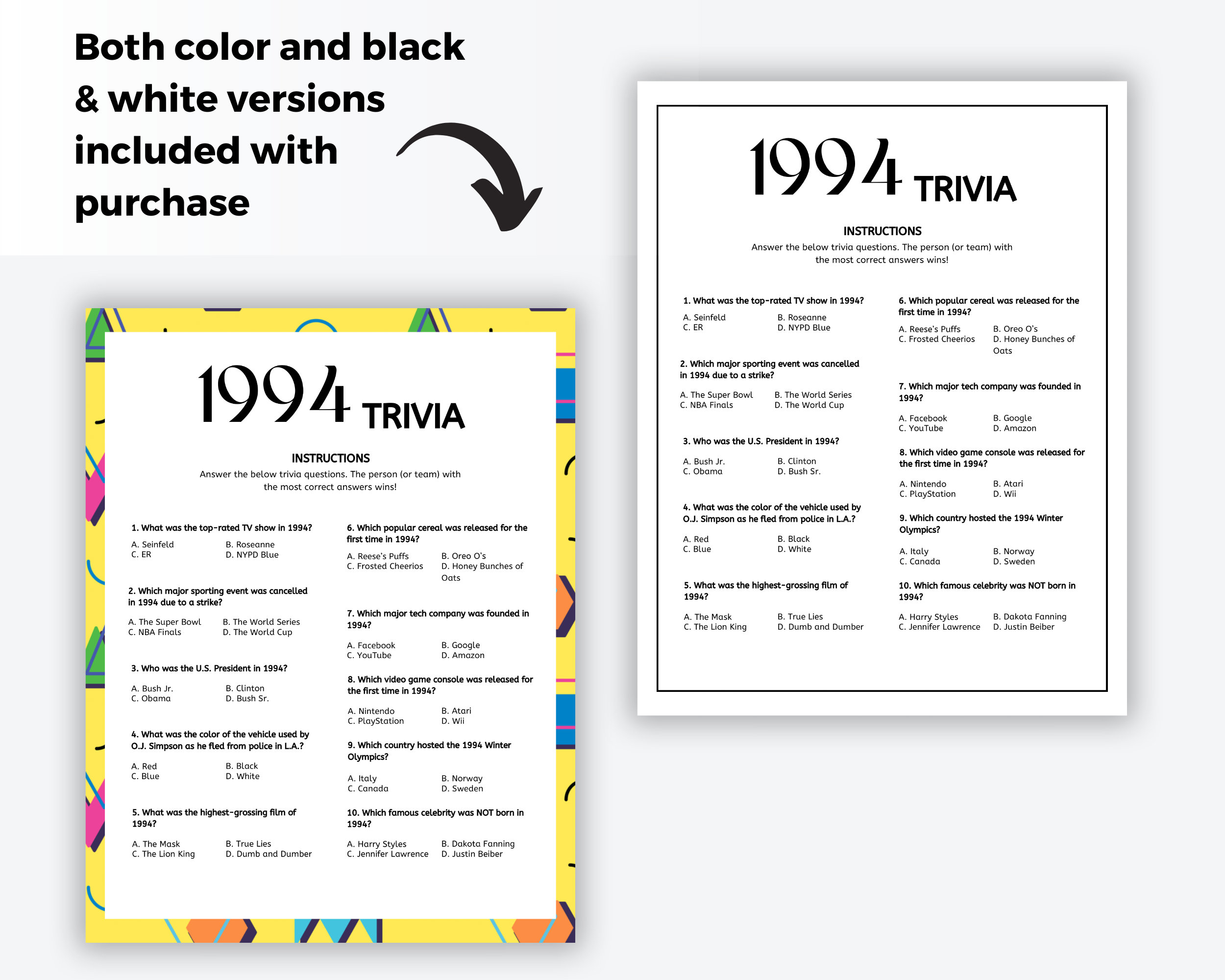 1994 Trivia Game, Born in 1994, 30th Birthday Game, 30th Anniversary ...