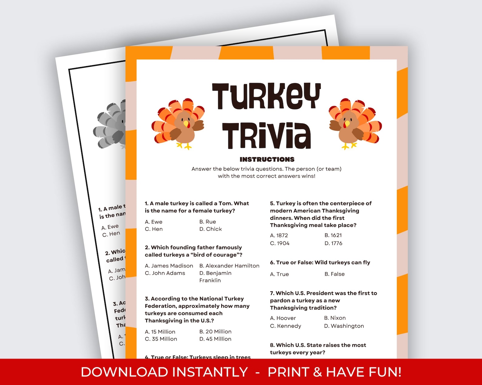 Turkey Trivia Game for Kids, Printable Family Thanksgiving Games ...
