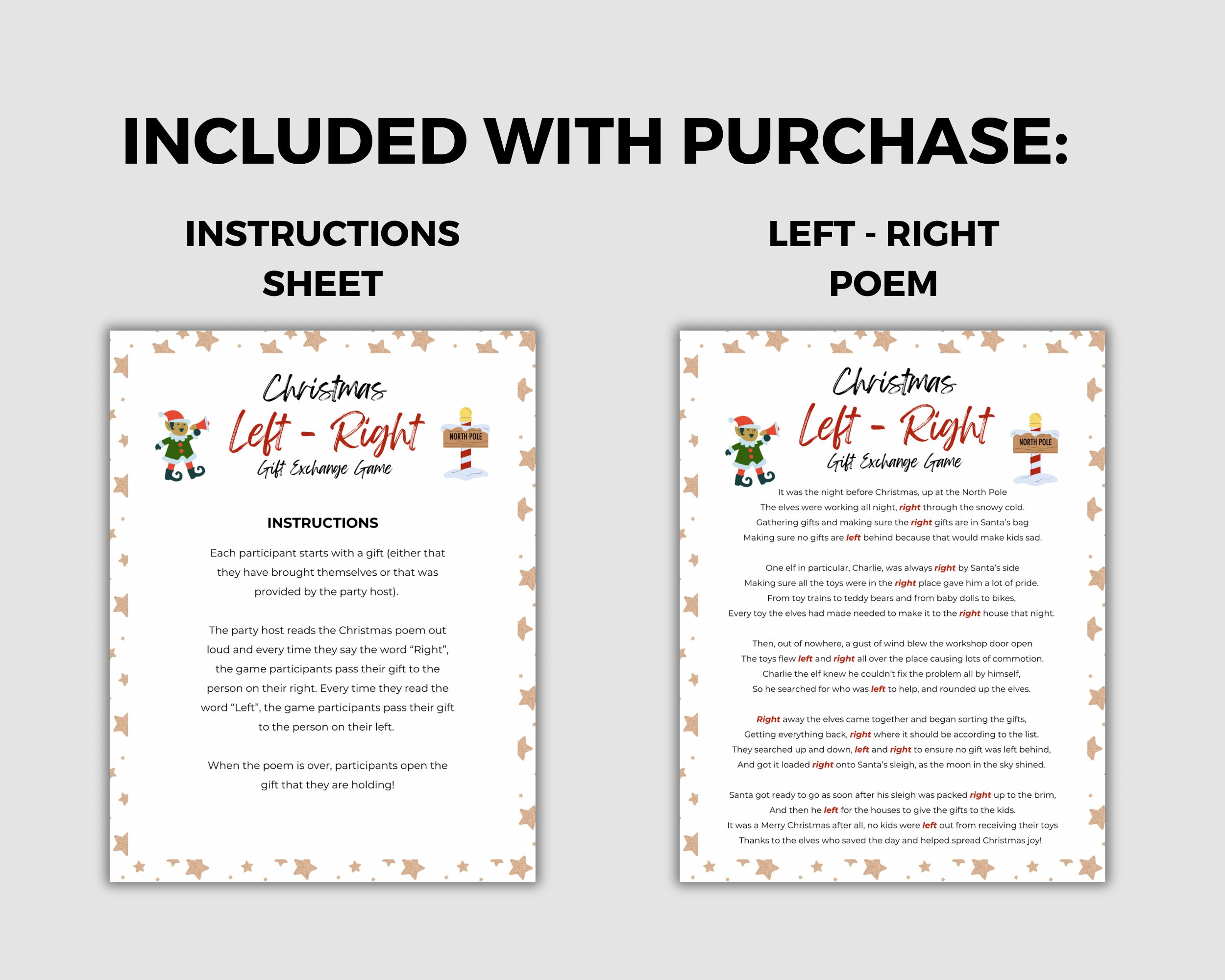 Left Right Christmas Game With Elf Poem, Gift Exchange Game, White ...