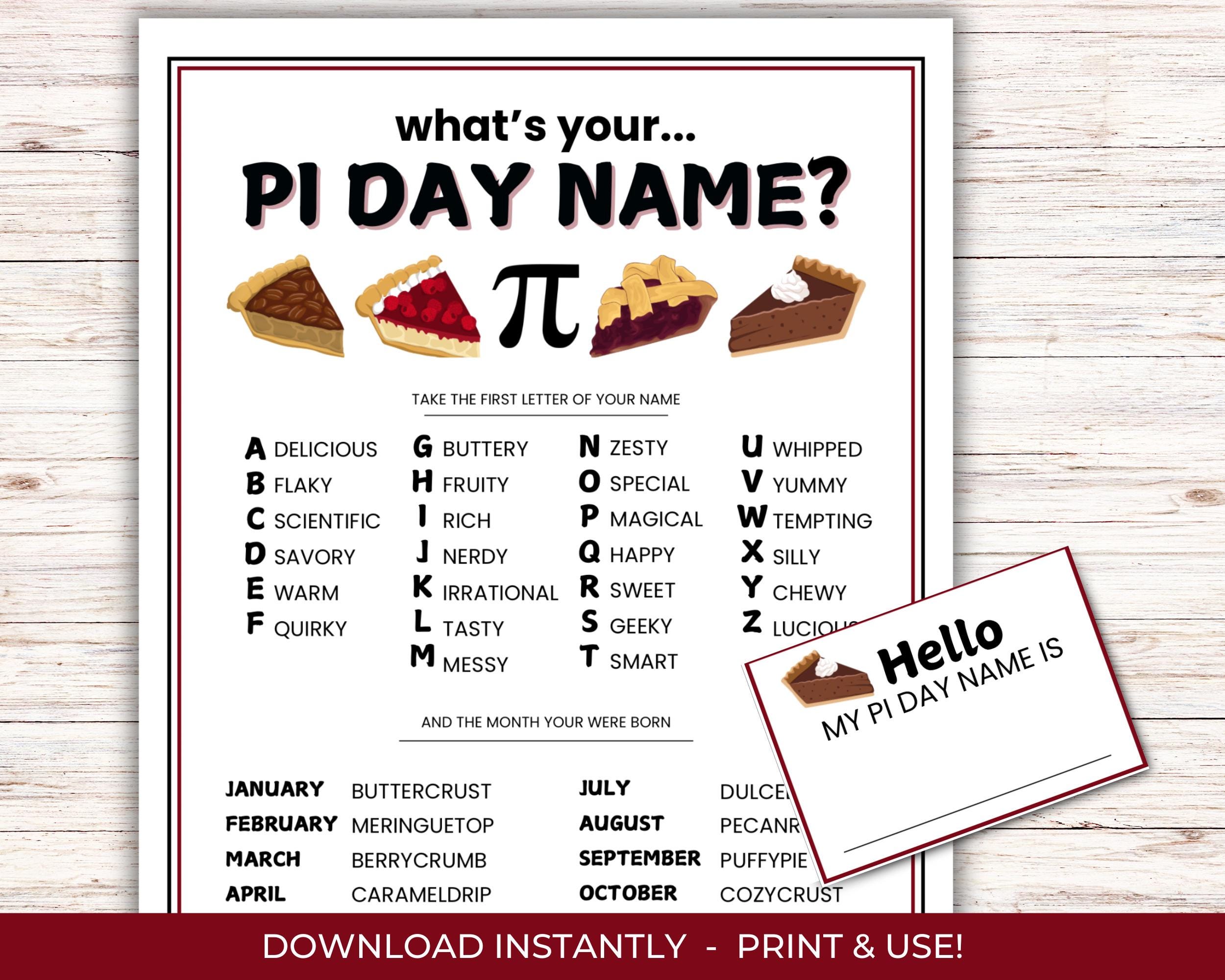 What's Your Pi Day Name Game, Pie Party Name Tags, Pi Day Activity for ...