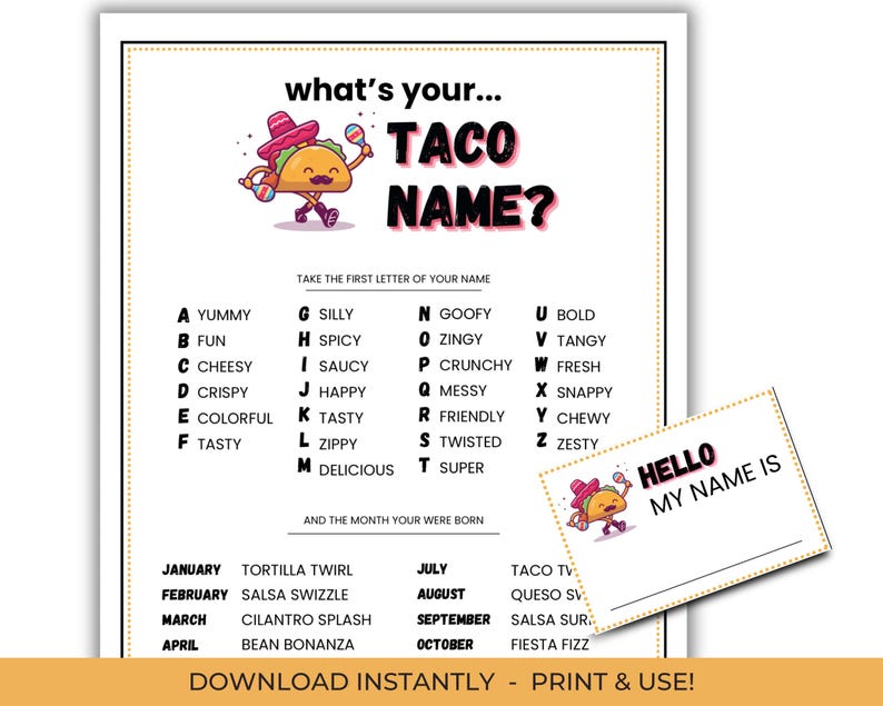 What’s Your Taco Name Game for Taco Parties, Cinco De Mayo and Other ...