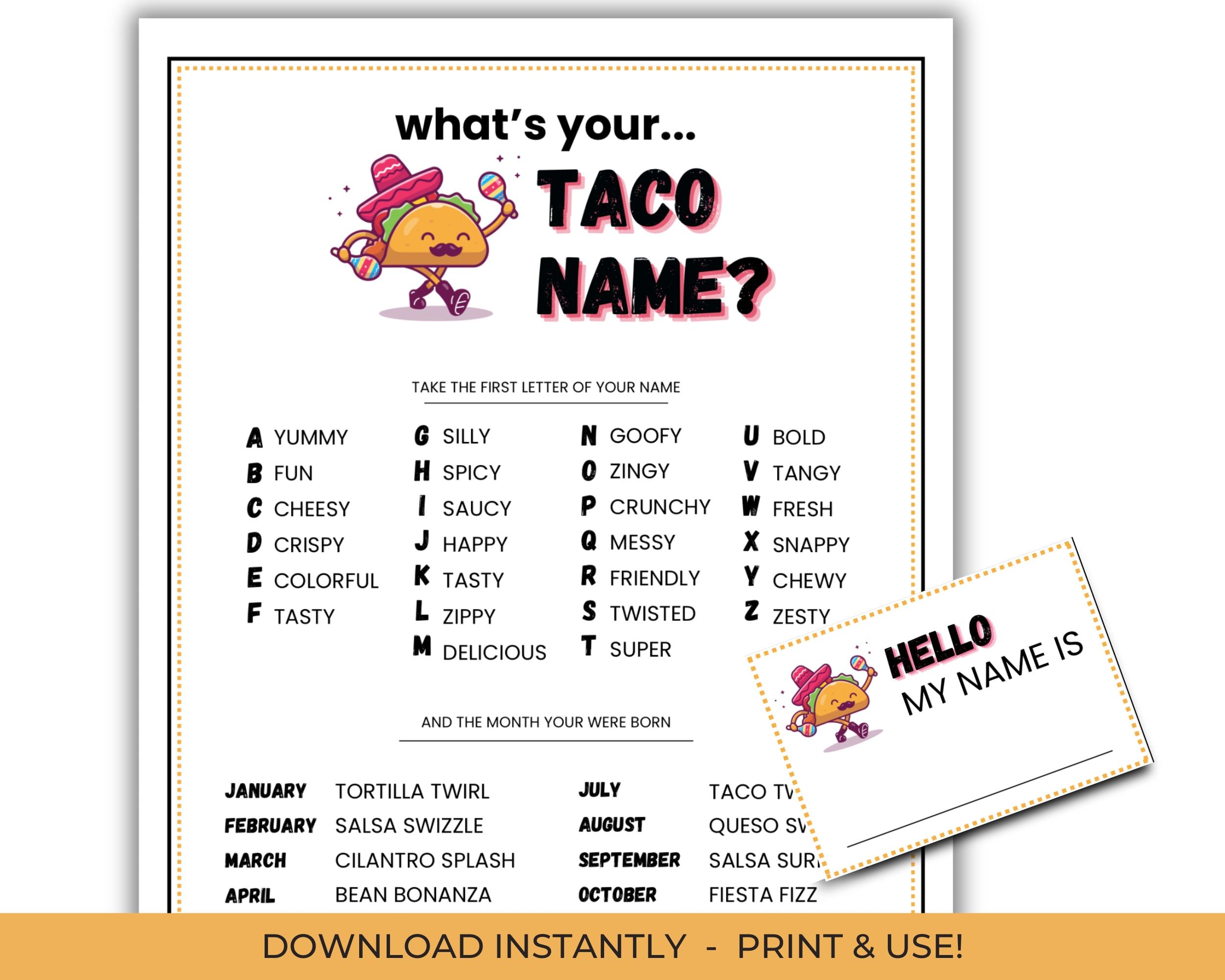 Taco Name Game: Fiesta Party Printable With Name Tags (digital Download ...