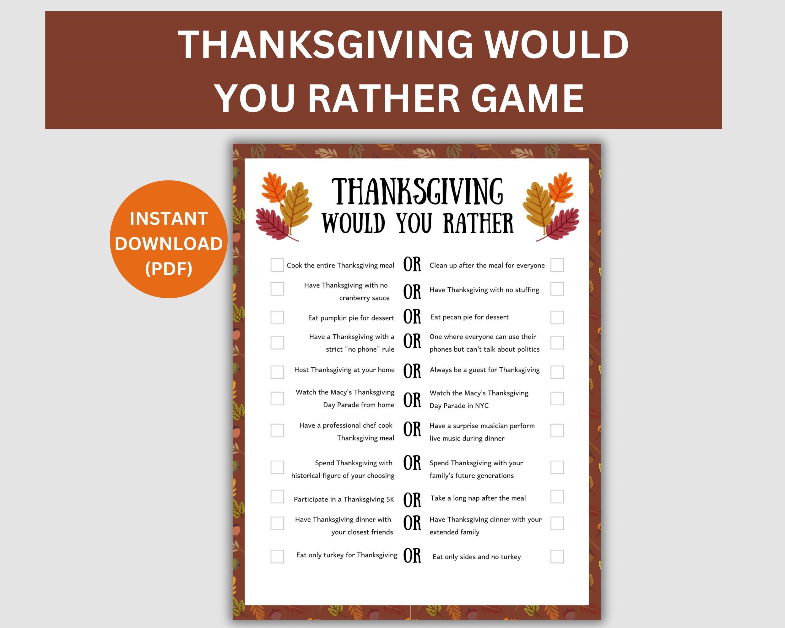 Thanksgiving Would You Rather Game, Thanksgiving Games, Thanksgiving ...