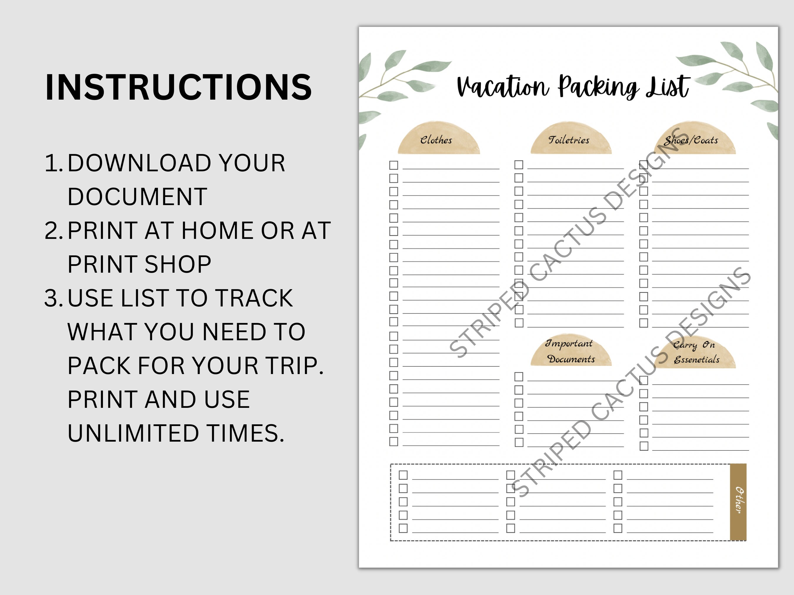 Vacation Packing List, Blank Printable Travel Packing Checklist - Etsy