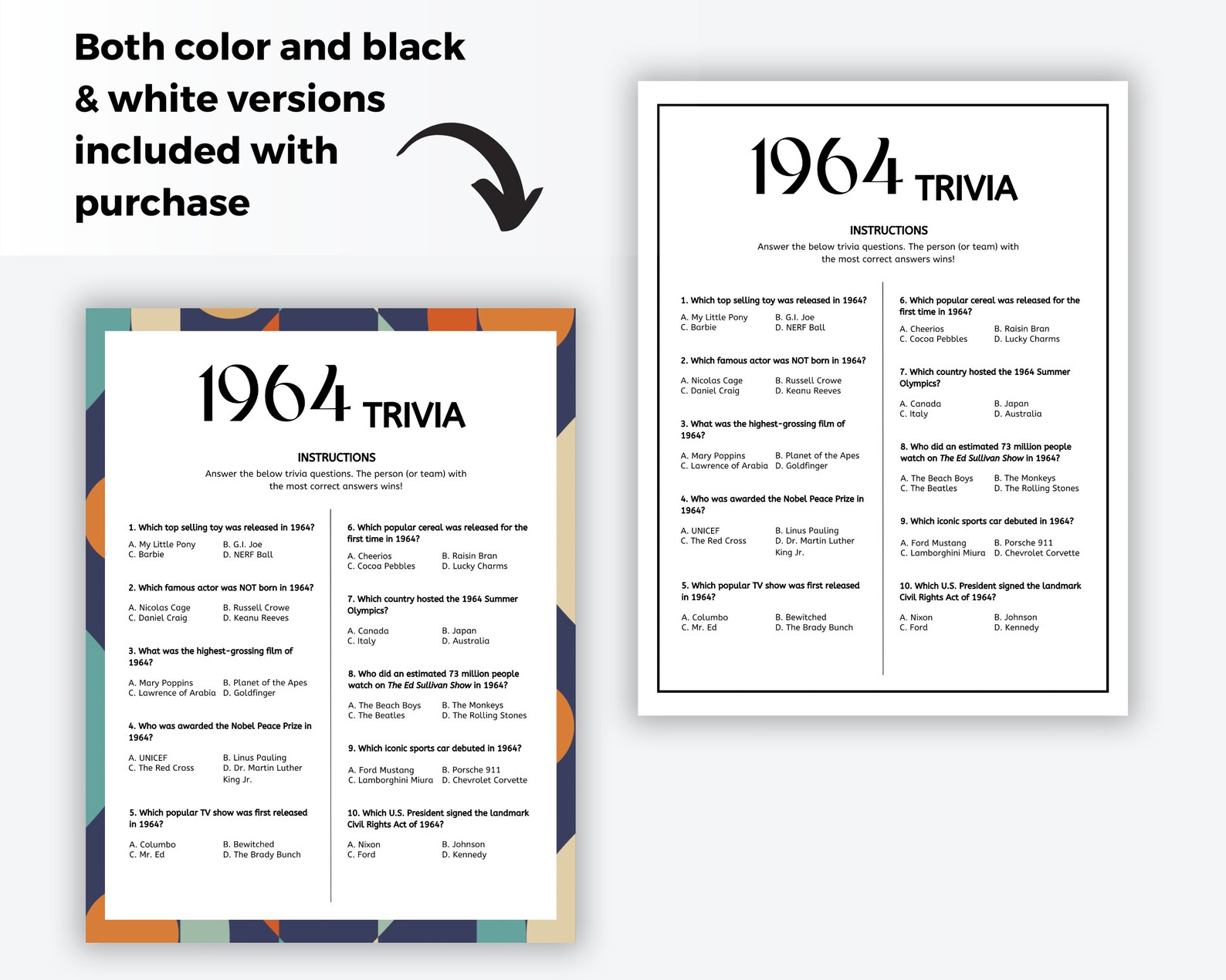 60th Birthday Trivia, 1964 Trivia Game, Born in 1964, 60th Birthday ...