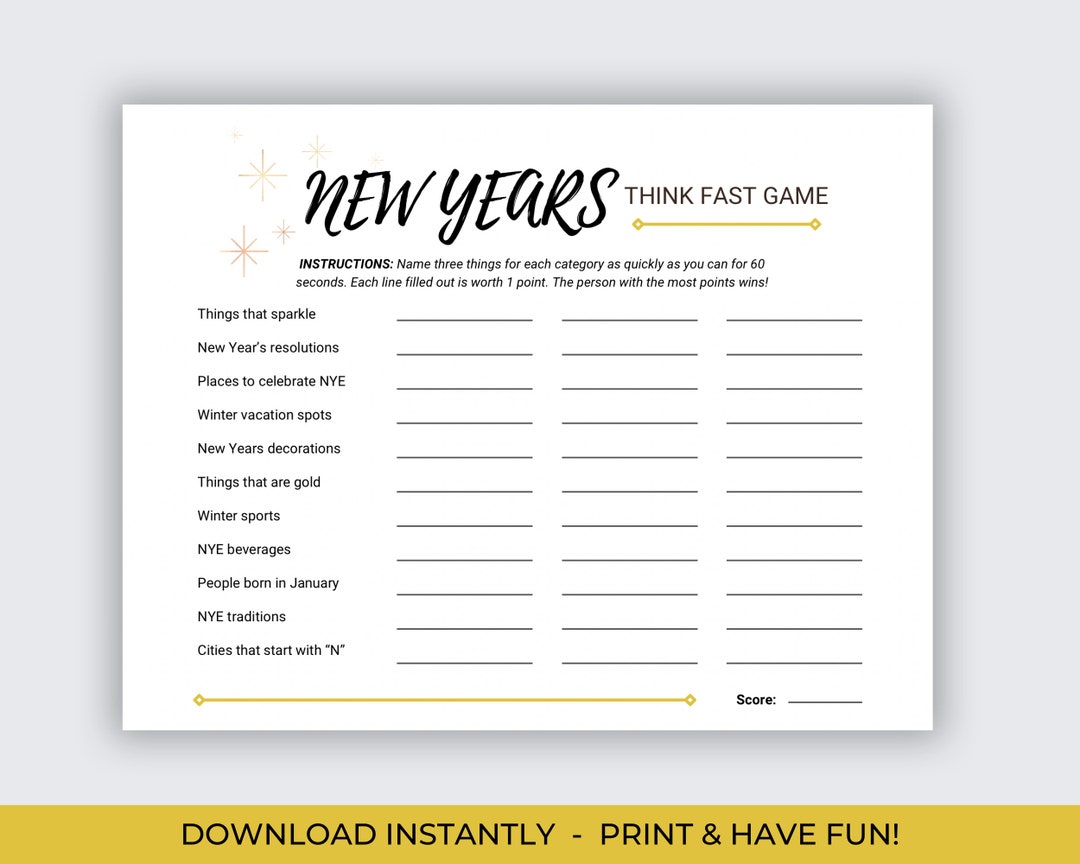 New Years Think Fast Game, New Years Eve Party Games, Think Fast Game ...