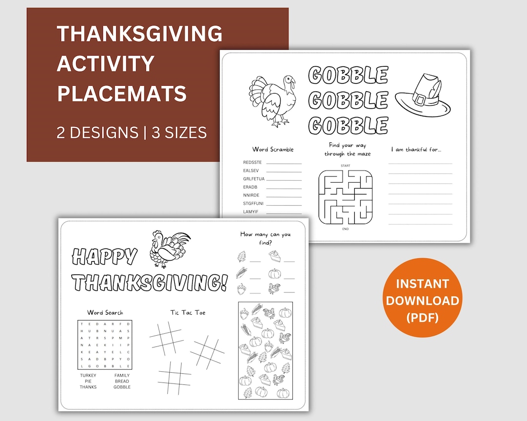 Thanksgiving Kids Placemats for Coloring, Thanksgiving Games, Kids ...
