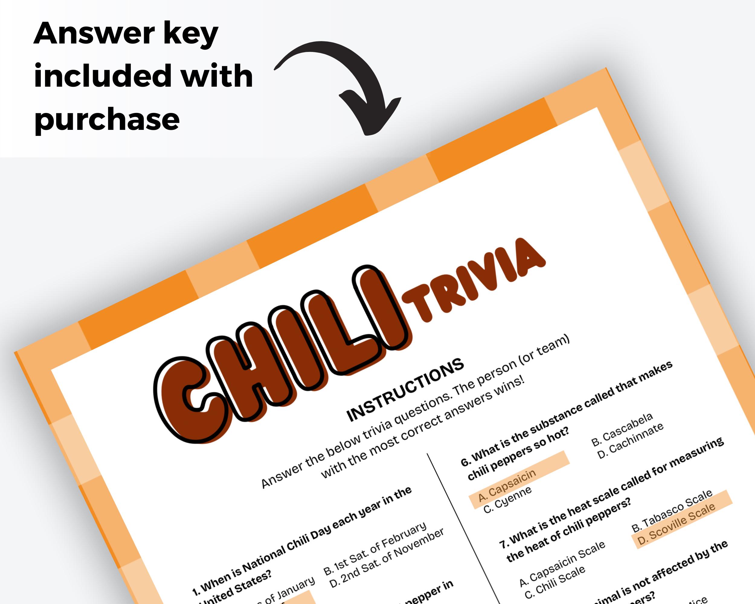 Chili Trivia Game for Chili Cook off Event or Chili Competition ...