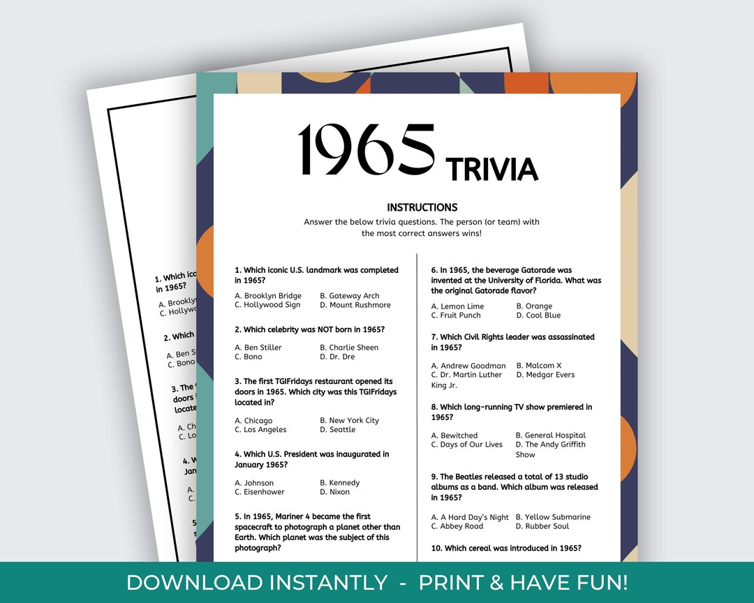 1965 Trivia, 1965 Trivia Game, Born in 1965, 60th Birthday Trivia Game ...