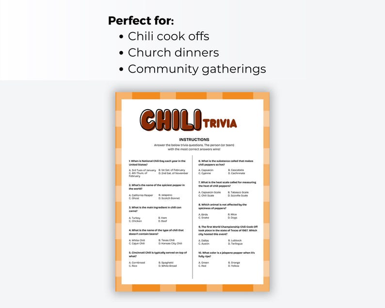 Chili Trivia Game for Chili Cook off Event or Chili Competition ...