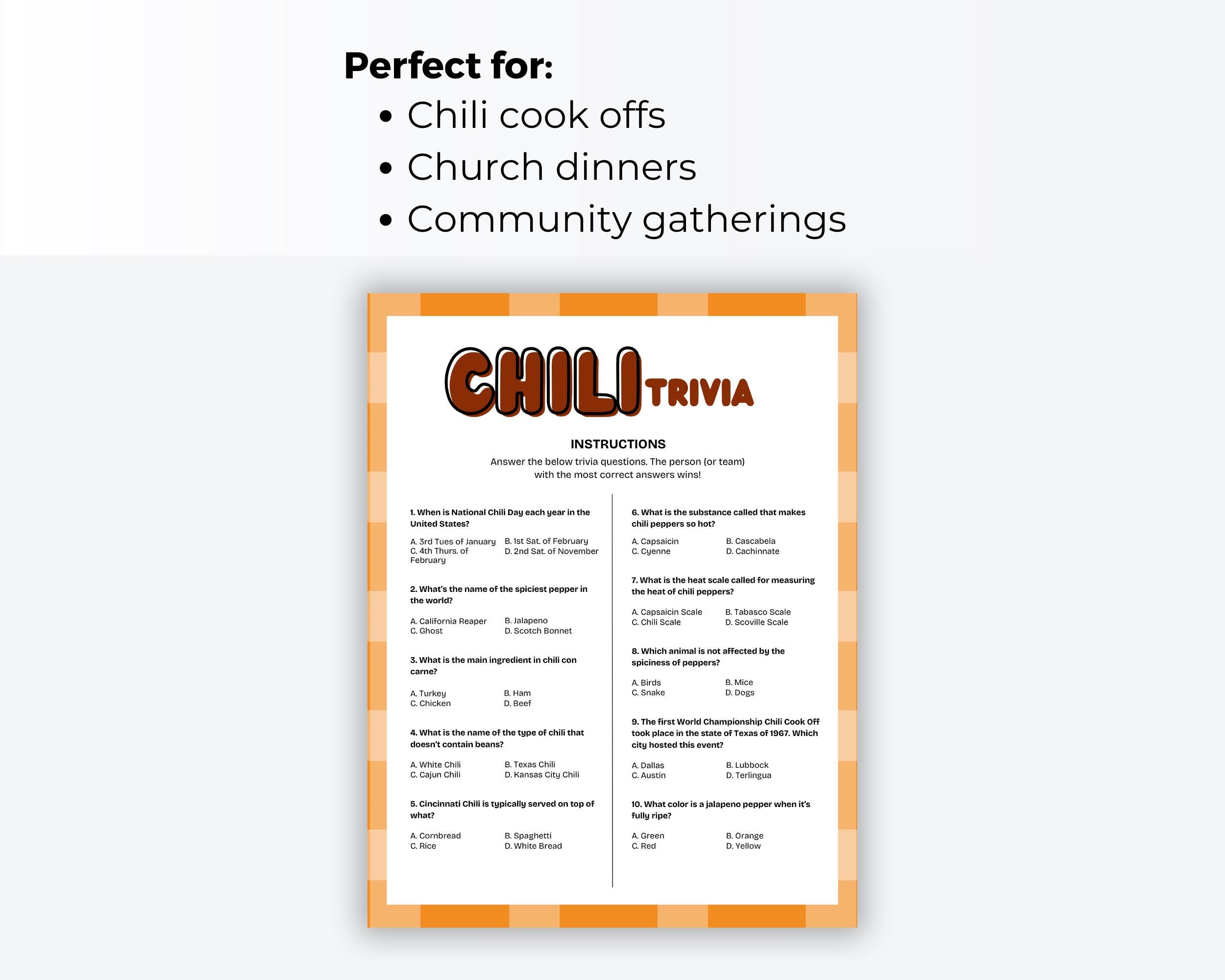 Chili Trivia Game for Chili Cook off Event or Chili Competition ...